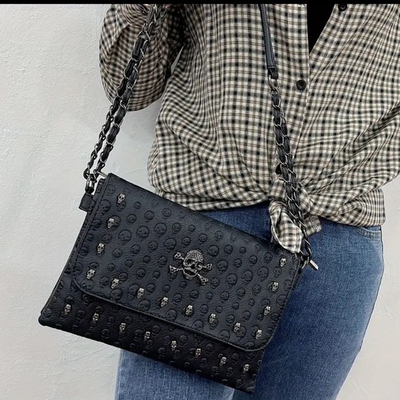 Bags | Skull Embossed Studded Black Skull Crossbody Purse Skull Purse ...